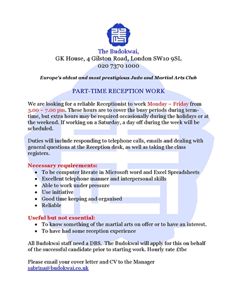 Job, Part time reception work at the Budokwai-page0001