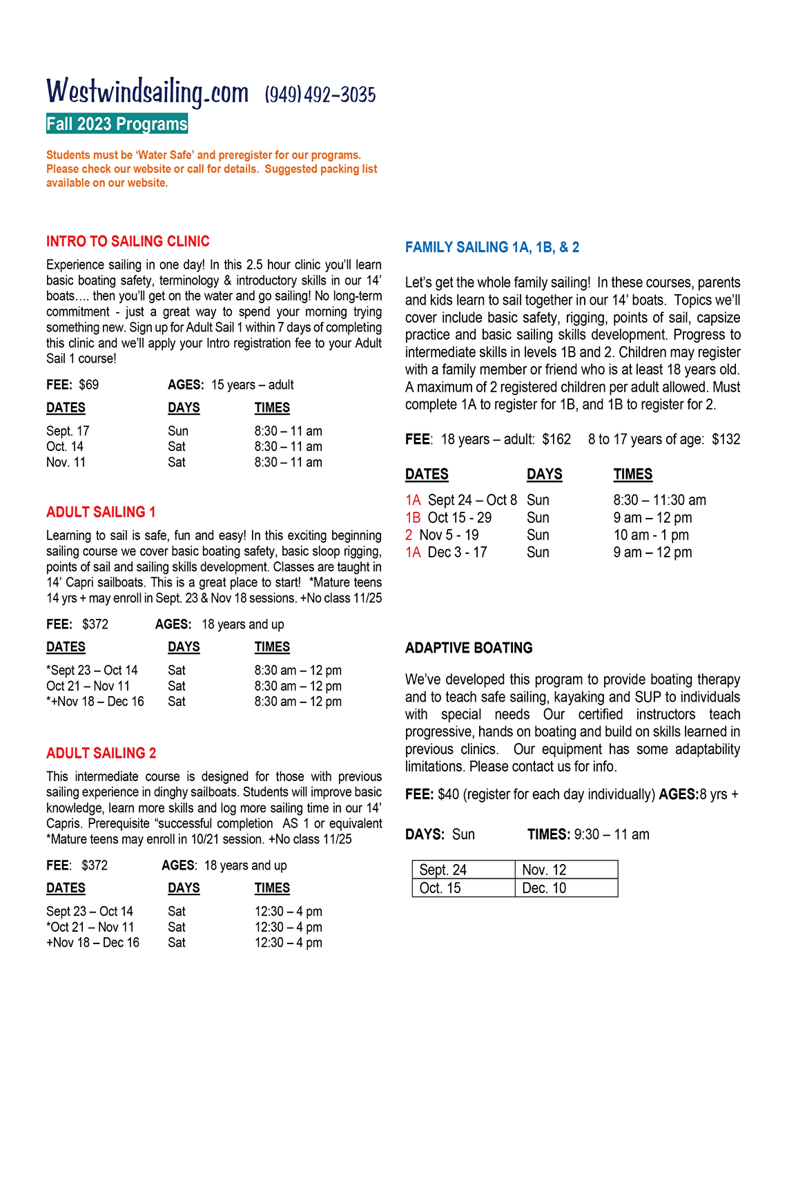 Dana Point Sched | Westwind Sailing | Dana Point, CA 92629