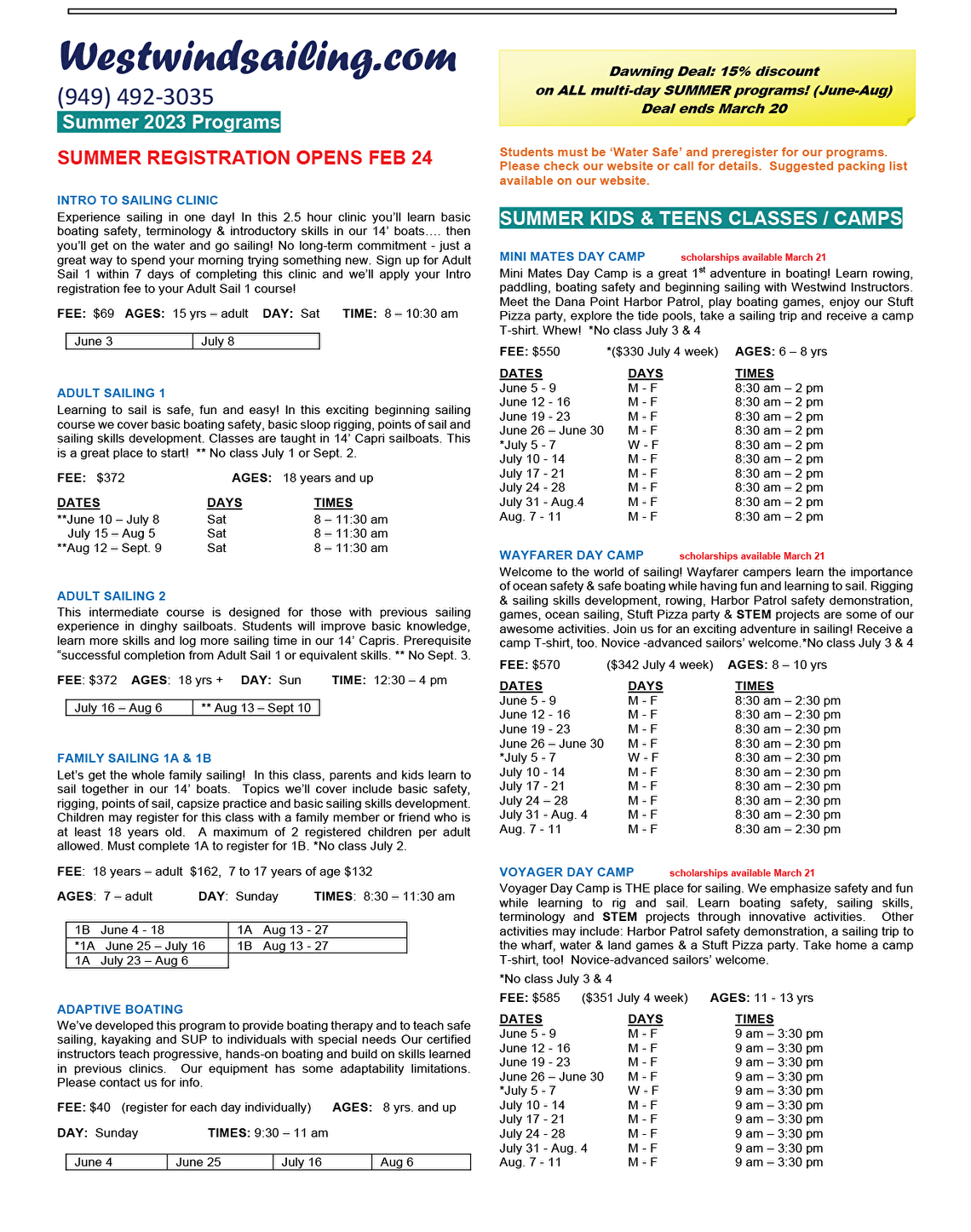 Dana Point Sched | Westwind Sailing | Dana Point, CA 92629